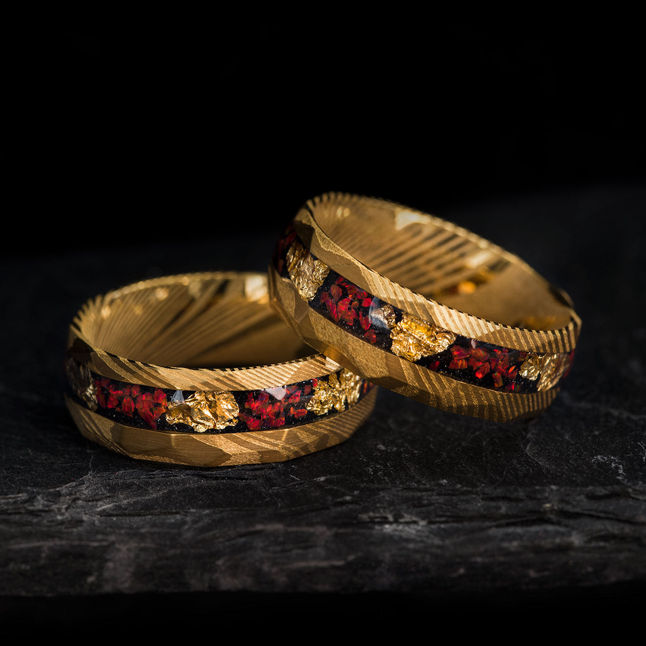 THE ARCHMAGE | Damascus Ring with Fire Opal and Gold Foil | Saga Bands